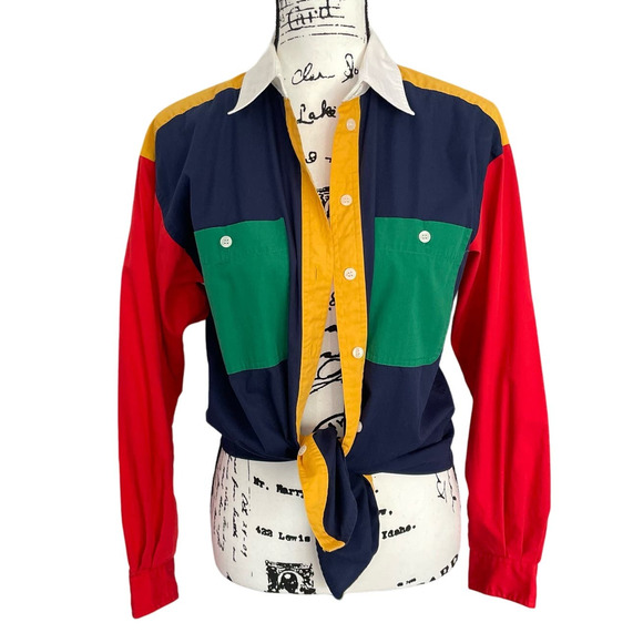 Vintage | Tops | Vintage 9s Color Block Button Down Shirt Long Sleeve S ...